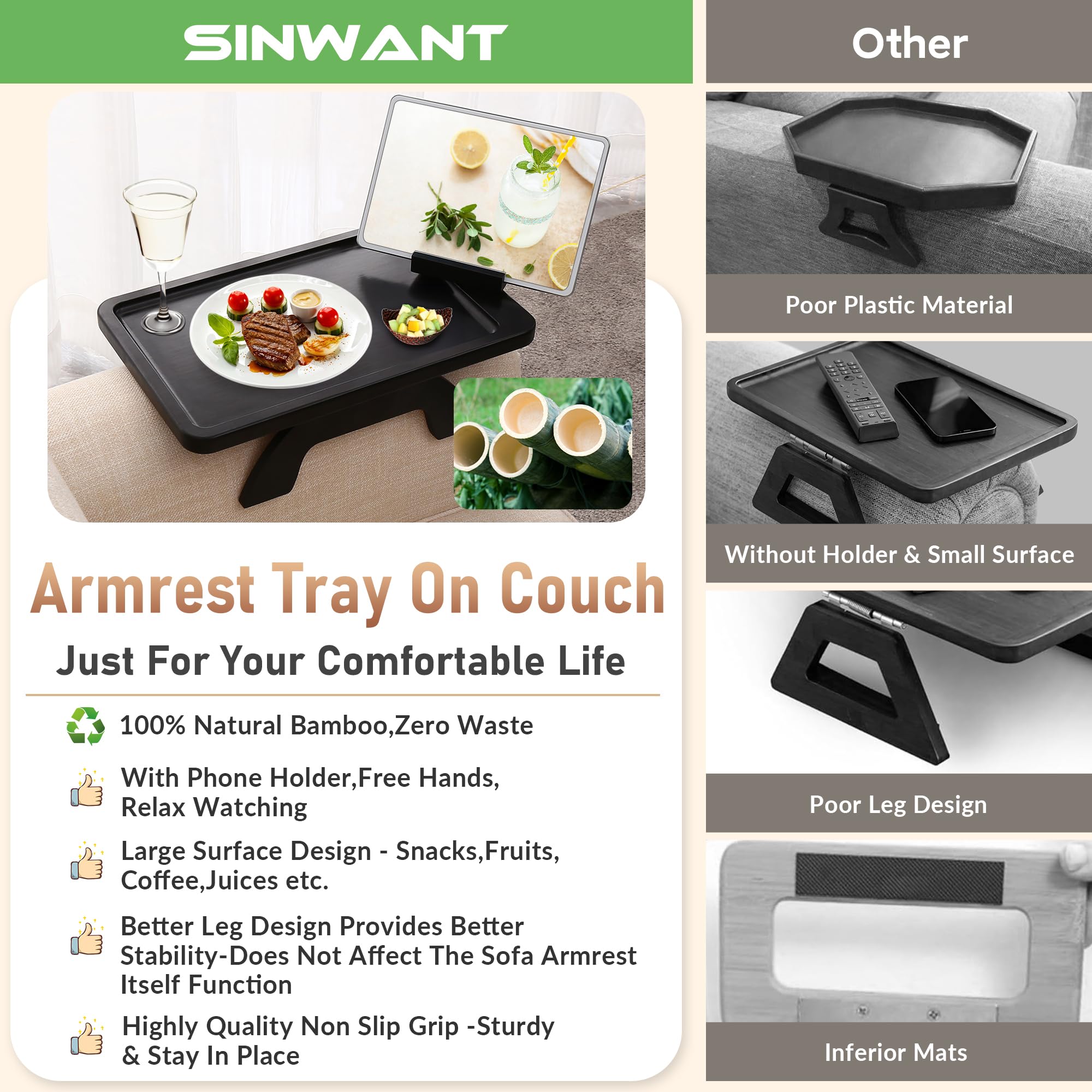 SINWANT Sofa Armrest Tray,Clip On Couch Arm Table, Foldable Sofa Arm Tray with 360° Rotating Phone Holder and Stable Sofa Table for Eating and Drink, Black