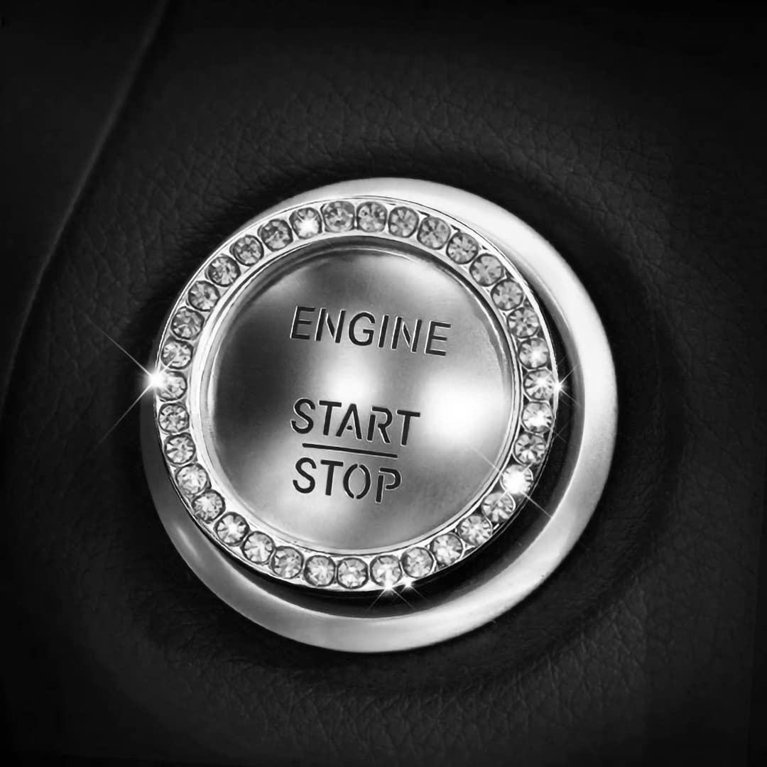 6 Pcs Bling Car Decor Crystal Rhinestone Ring Emblem Sticker, Engine Start Stop Decoration Ring Car Interior Accessories for Women, Push to Start Button Cover, Key Ignition & Knob Bling Ring, Silver