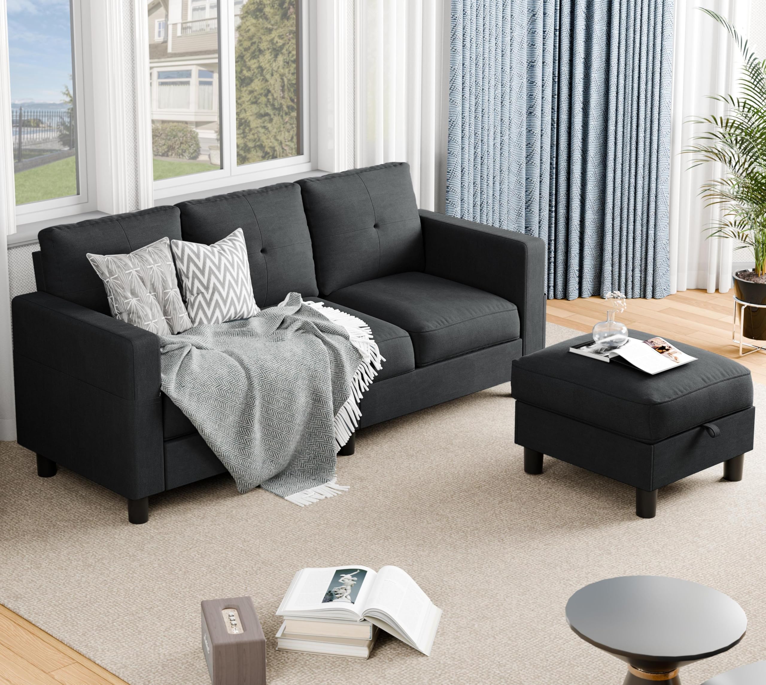 JAMFLY Sectional Couches for Living Room, Small L Shaped Couch Sofa with Ottoman, Convertible Sectional Sofa Set with Storage for Small Space (Black Grey)