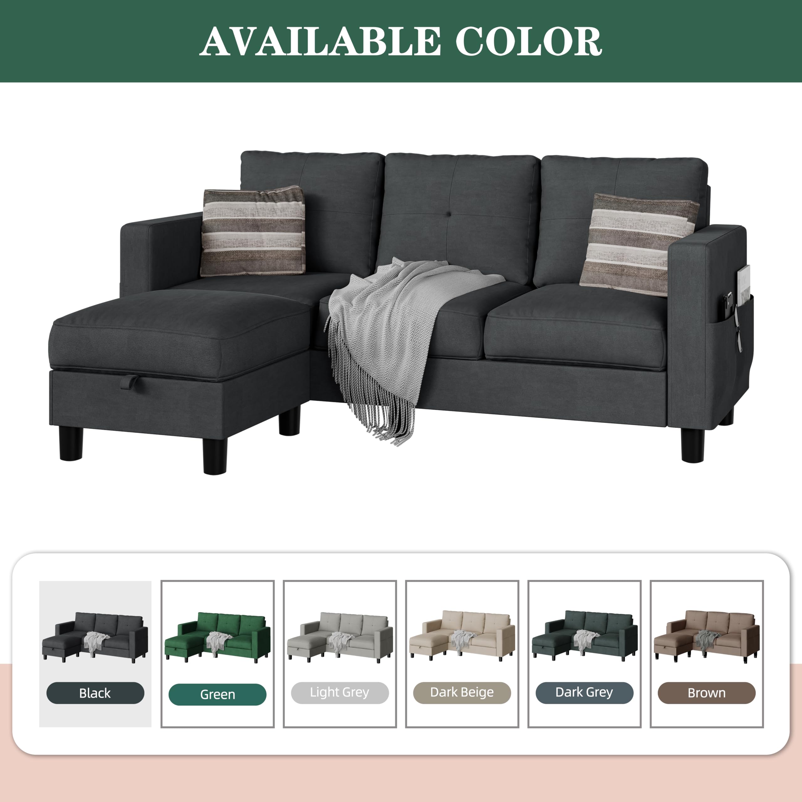 JAMFLY Sectional Couches for Living Room, Small L Shaped Couch Sofa with Ottoman, Convertible Sectional Sofa Set with Storage for Small Space (Black Grey)