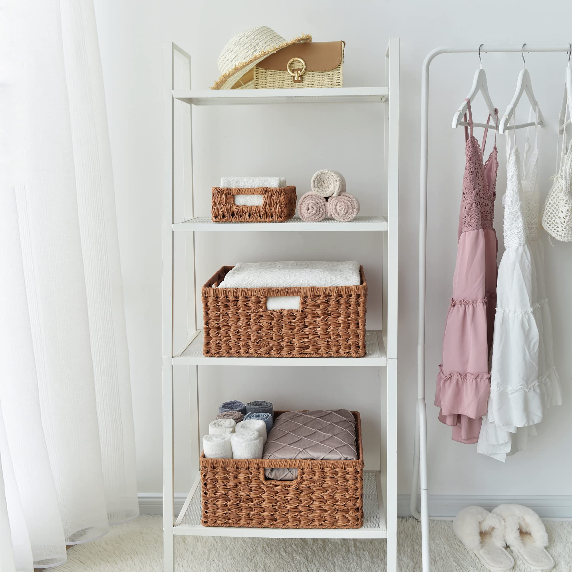 GRANNY SAYS Woven Storage Basket - Large Plastic Wicker Basket for Shelves, Odorless, Waterproof, Organizing Pantry, Caramel Orange, 1-Pack
