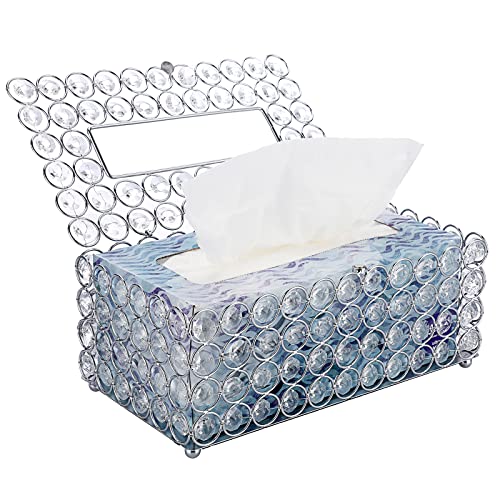 Sumnacon Crystal Rectangular Tissue Box Cover - Decorative Glass Tissue Box Holder, Sparkling Facial Tissue Holder for Bathroom Vanity Dresser Night Stand Table Countertop Home Office Decor, Silver