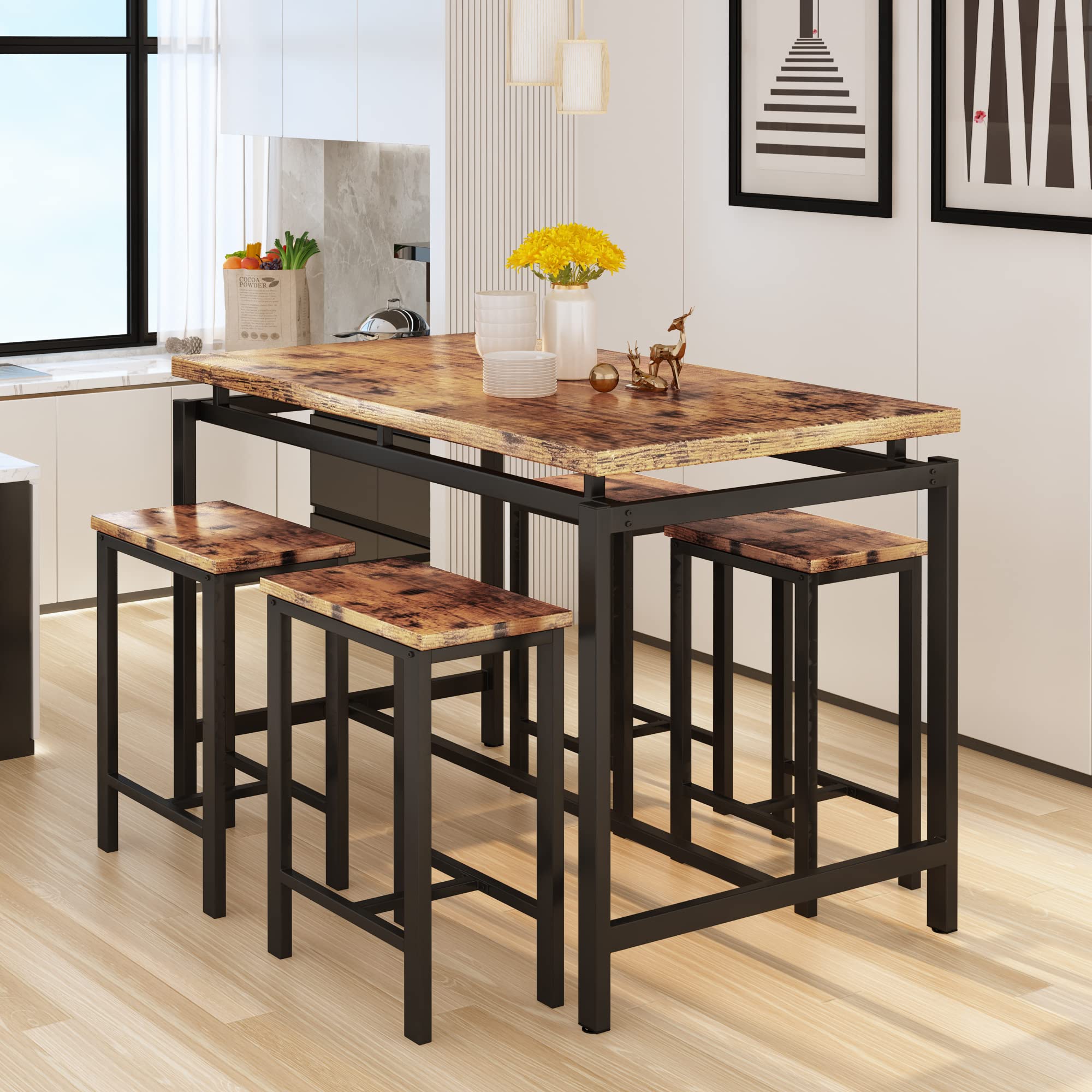 AWQM Dining Table and Stools Set of 4, Industrial Style 5-Piece Pub Table Set, Space Saving Dinette Table Set for Dining Room, Living Room, Kitchen, Apartment