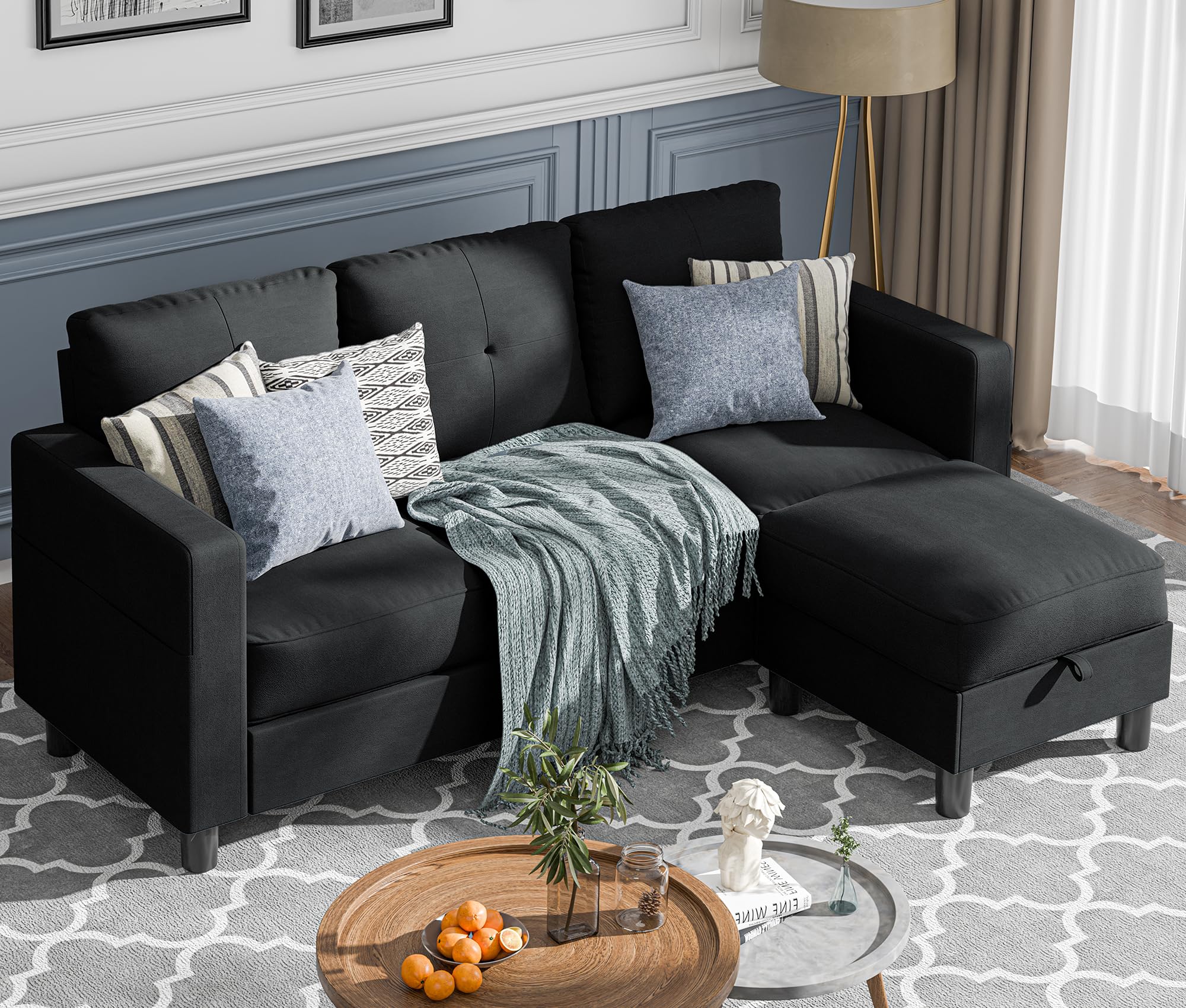 JAMFLY Sectional Couches for Living Room, Small L Shaped Couch Sofa with Ottoman, Convertible Sectional Sofa Set with Storage for Small Space (Black Grey)