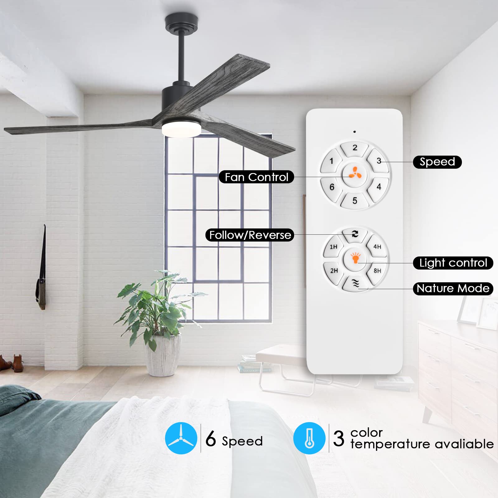 WINGBO 64" DC Ceiling Fan with Lights, 3 Reversible Solid Wood Blades, 6-Speed Noiseless DC Motor, Matte Black Finish Ceiling Fan with Remote, Gray