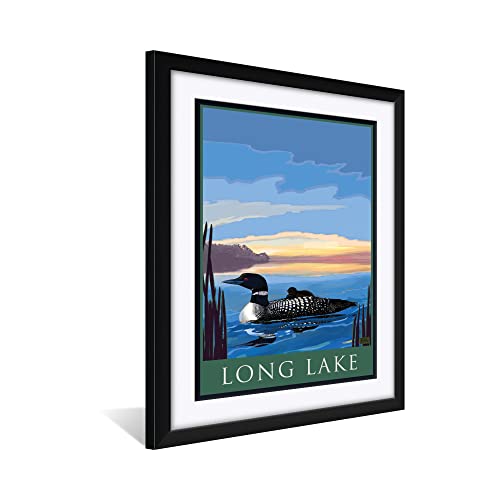 Long Lake Loon & Chick Professionally Framed & Matted Art Print from Illustration by Artist Joanne Kollman Framed Art Size: 24" x 30"