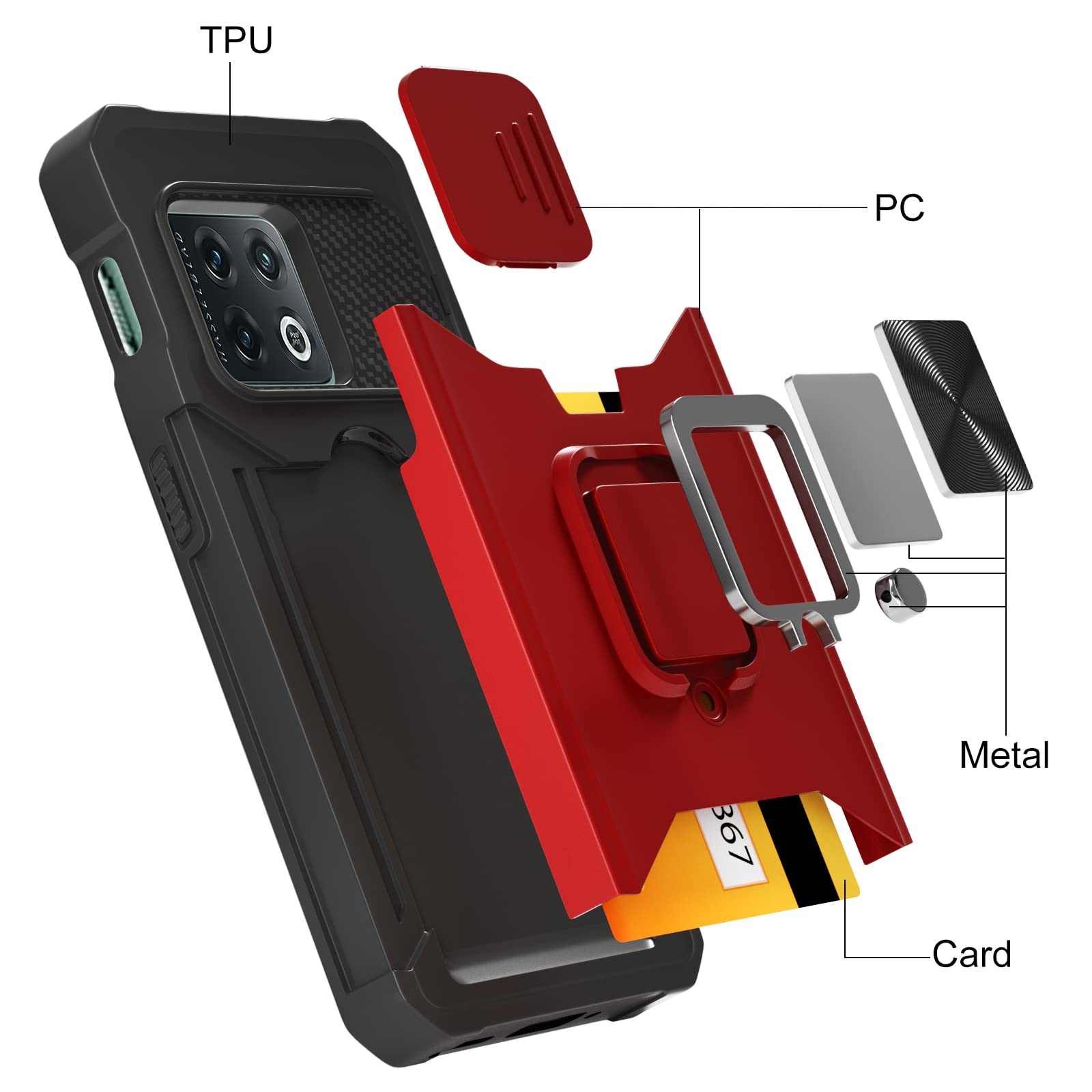 Lokyoo for OnePlus 10 Pro Case with Camera Cover & Kickstand, Slide Lens Cover + Built-in 360° Rotate Ring Stand, Armor Style, Impact-Resistant, Full Protect for OnePlus 10 Pro-Red
