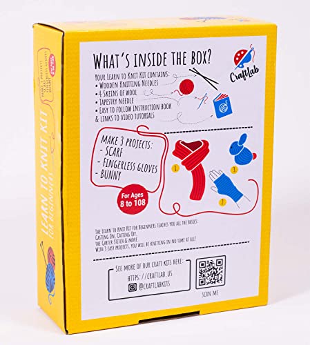 CraftLab Knitting Kit for Beginners, Kids and Adults Includes All Knitting Supplies: Wool Yarn, Wooden Knitting Needles, Yarn Needle and Instructions β Fantastic Gift