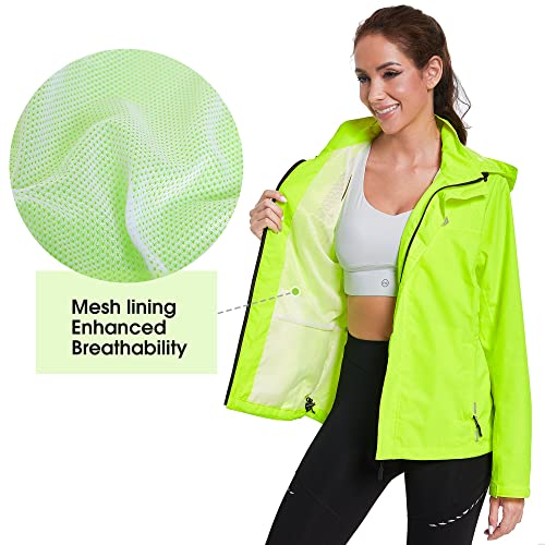 FitsT4 Sports Women's Waterproof Cycling Running Jackets Mesh Lined Rain Jacket Lightweight Bike Windbreaker with Hood Fluorescent Yellow Size S