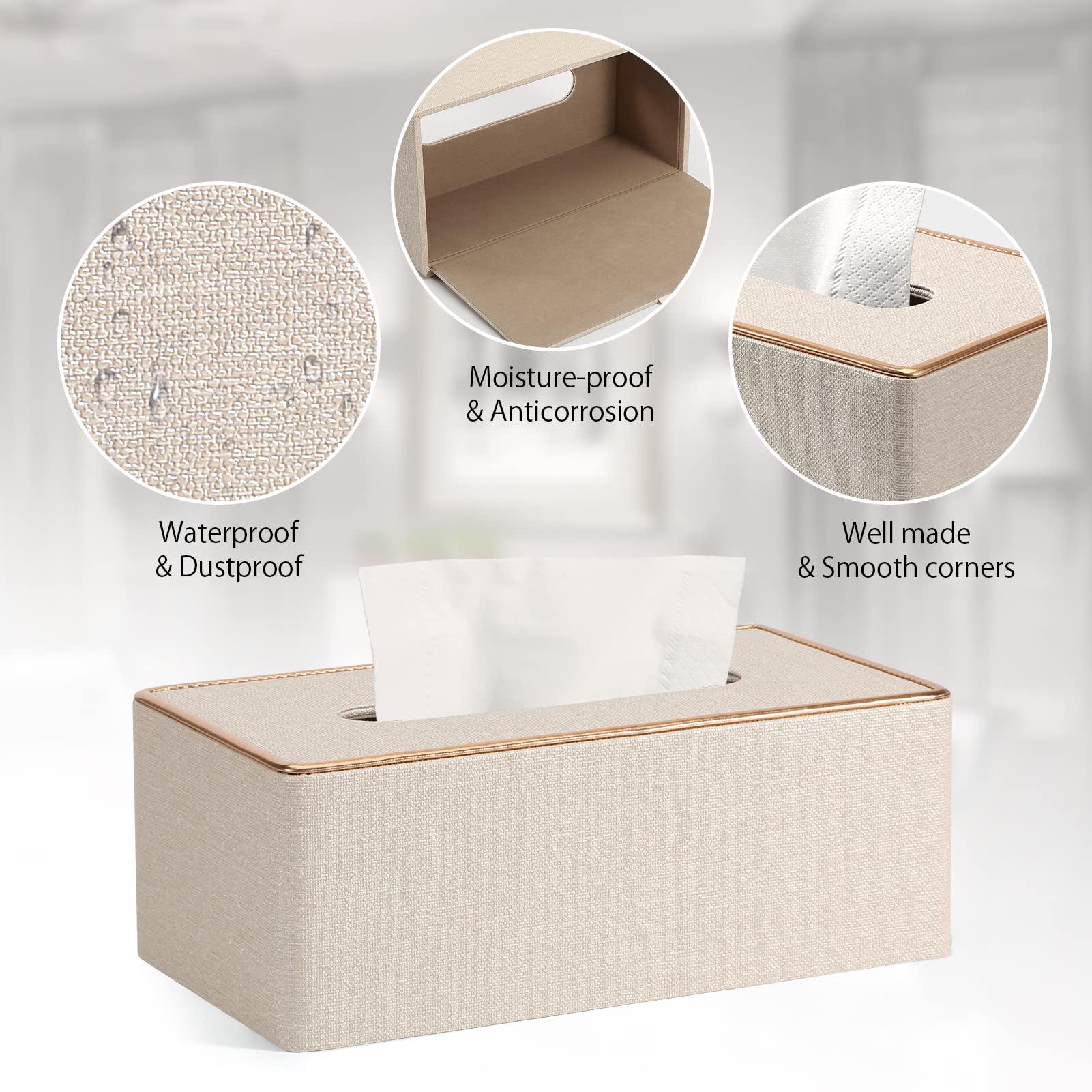PU Leather Tissue Box Cover Holder - Rectangular Kleenex Box Covers for Home/Office/Car Decoration - 9.84"X5.23"X3.77" - Beige
