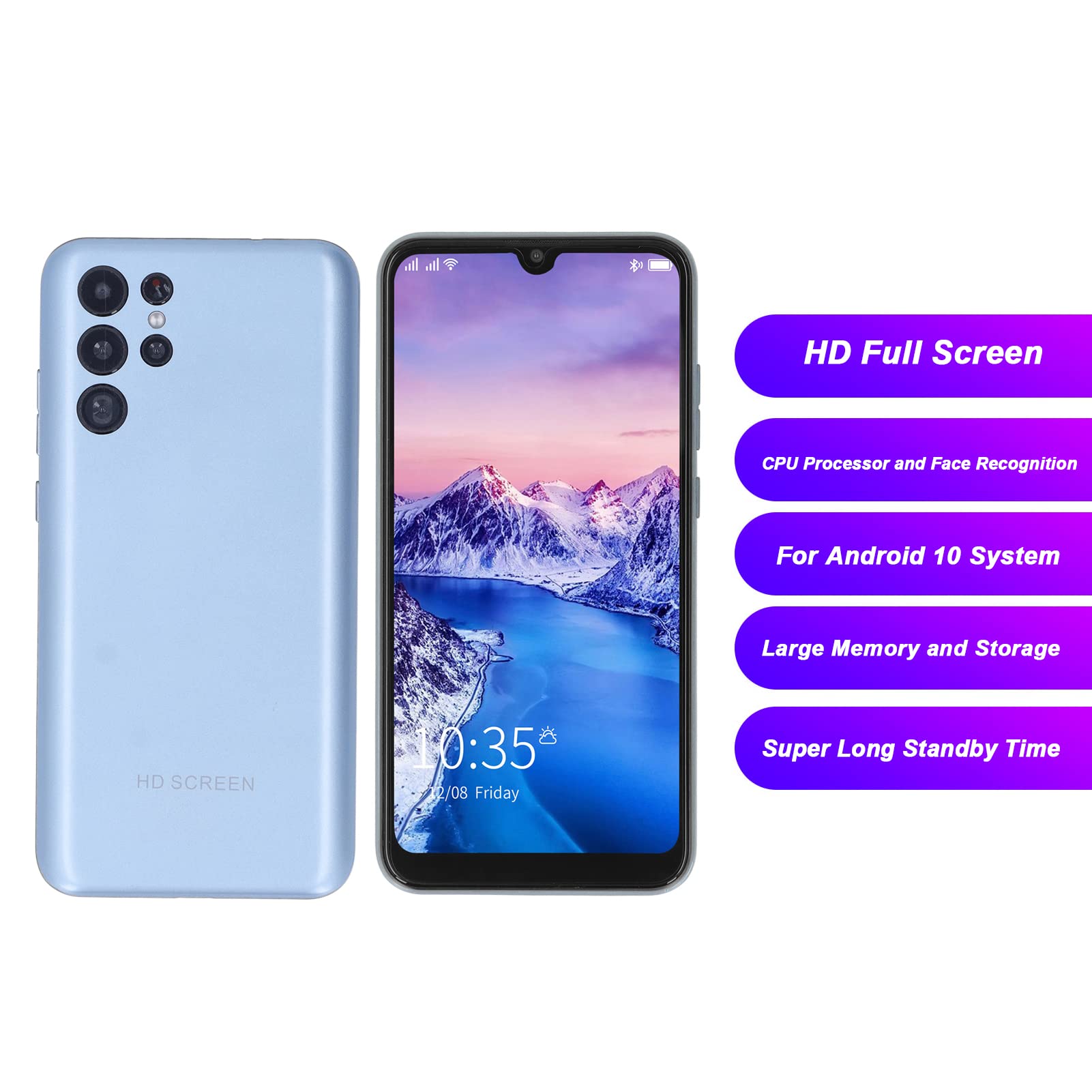 6.26 Inch Slim 3G Smart Phone Dual SIM Cell Phone for Android 10 OS, HD Full Screen Mobile Phone Support Face Recognition, Ten Core Processor, 4GB 64GB, Front and Rear HD Camera, 2800mAh(Light Blue)