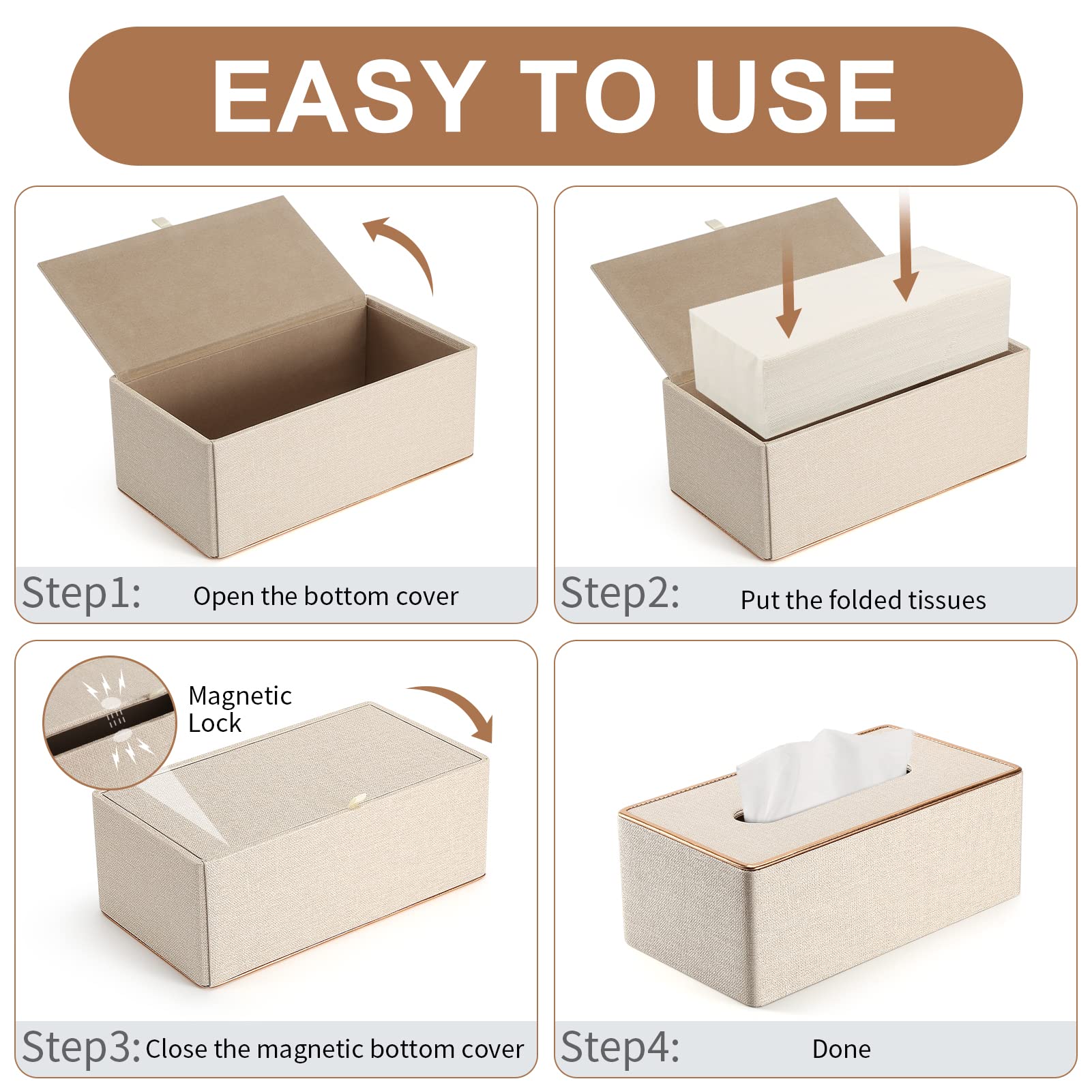 PU Leather Tissue Box Cover Holder - Rectangular Kleenex Box Covers for Home/Office/Car Decoration - 9.84"X5.23"X3.77" - Beige