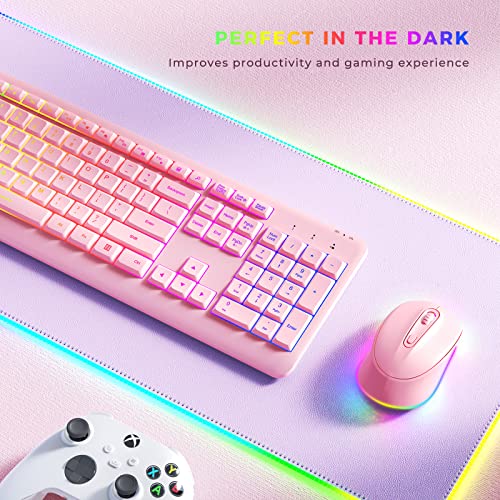 Wireless Keyboard and Mouse Combo Backlit, seenda Rechargeable Full-Size Illuminated 2.4Ghz Silent Keyboard and Mouse for Computer/Laptops/Windows/Gaming, Ice Pink