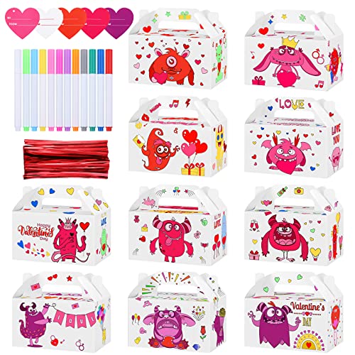Aodaer 30 Sets DIY Valentine Treat Boxes Color Your Own Paintable Monster Prints Candy Box Party Favor Boxes with Heart Tag Twist Tie Pen for Kids Valentine Party School Supplies, 6.3 x 3.5 x 3.5 Inch