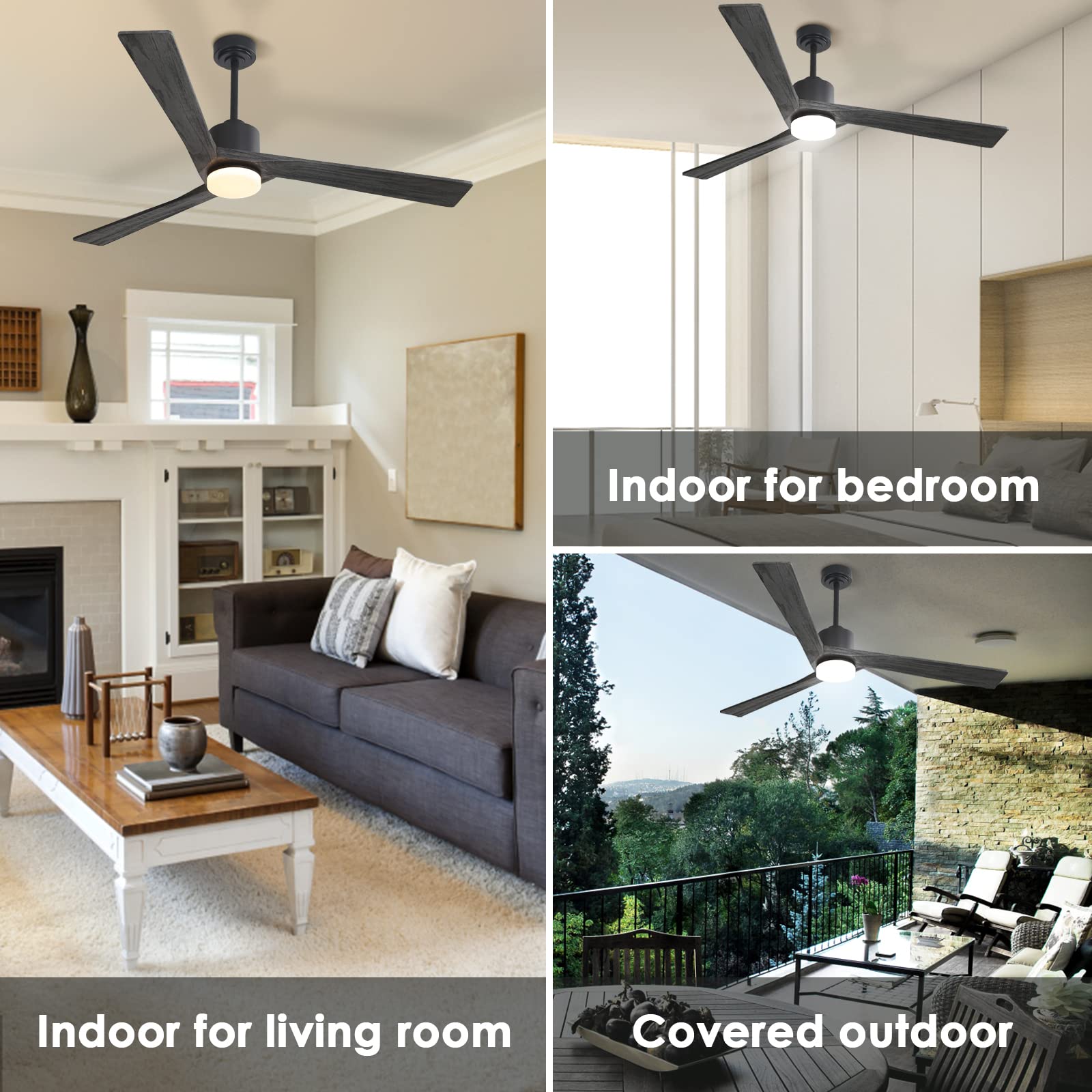 WINGBO 64" DC Ceiling Fan with Lights, 3 Reversible Solid Wood Blades, 6-Speed Noiseless DC Motor, Matte Black Finish Ceiling Fan with Remote, Gray