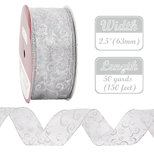 AIMUDI Silver Sheer Organza Christmas Ribbon, 2.5 Inch x 50 Yards, Swirl Pattern, Wired Edge, Perfect for Wreaths, Trees, Gifts, Weddings