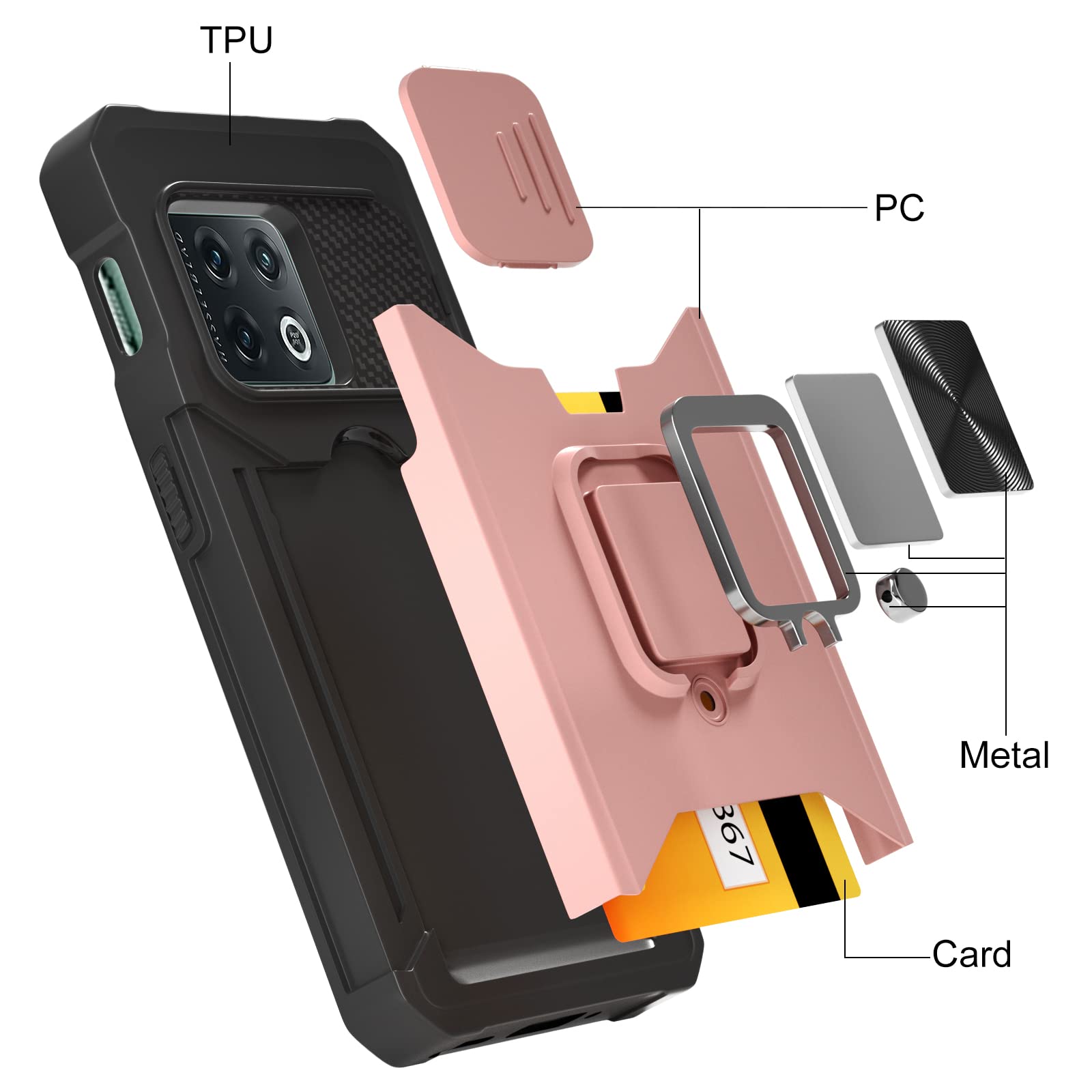 Lokyoo for OnePlus 10 Pro Case with Camera Cover & Kickstand, Slide Lens Cover + Built-in 360° Rotate Ring Stand, Armor Style, Impact-Resistant, Full Protect for OnePlus 10 Pro-Rose Gold