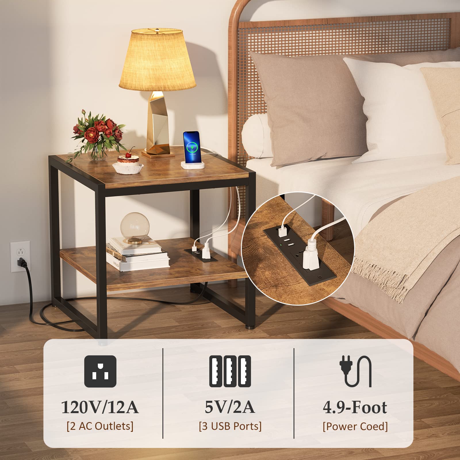 Homieasy End Table with Charging Station, 20 Inch Square Side Table with USB Ports & Power Outlets, Industrial Nightstand with 2-Tier Storage Shelf, Mini Fridge Stand for Small Spaces, Rustic Brown