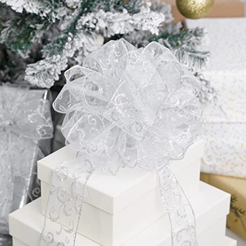 AIMUDI Silver Sheer Organza Christmas Ribbon, 2.5 Inch x 50 Yards, Swirl Pattern, Wired Edge, Perfect for Wreaths, Trees, Gifts, Weddings