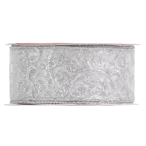 AIMUDI Silver Sheer Organza Christmas Ribbon, 2.5 Inch x 50 Yards, Swirl Pattern, Wired Edge, Perfect for Wreaths, Trees, Gifts, Weddings