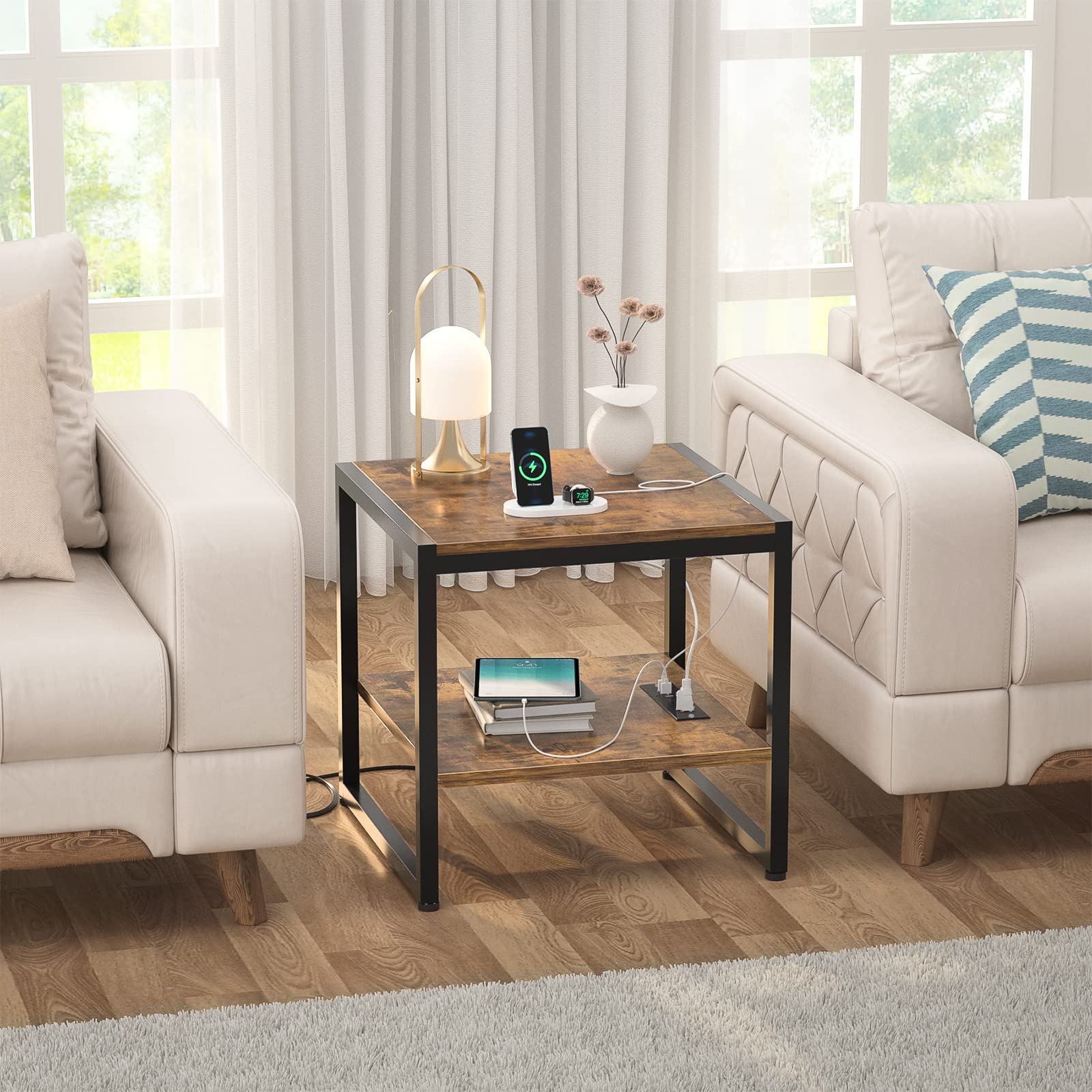 Homieasy End Table with Charging Station, 20 Inch Square Side Table with USB Ports & Power Outlets, Industrial Nightstand with 2-Tier Storage Shelf, Mini Fridge Stand for Small Spaces, Rustic Brown