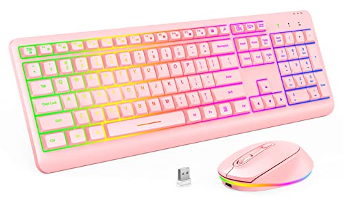 Wireless Keyboard and Mouse Combo Backlit, seenda Rechargeable Full-Size Illuminated 2.4Ghz Silent Keyboard and Mouse for Computer/Laptops/Windows/Gaming, Ice Pink