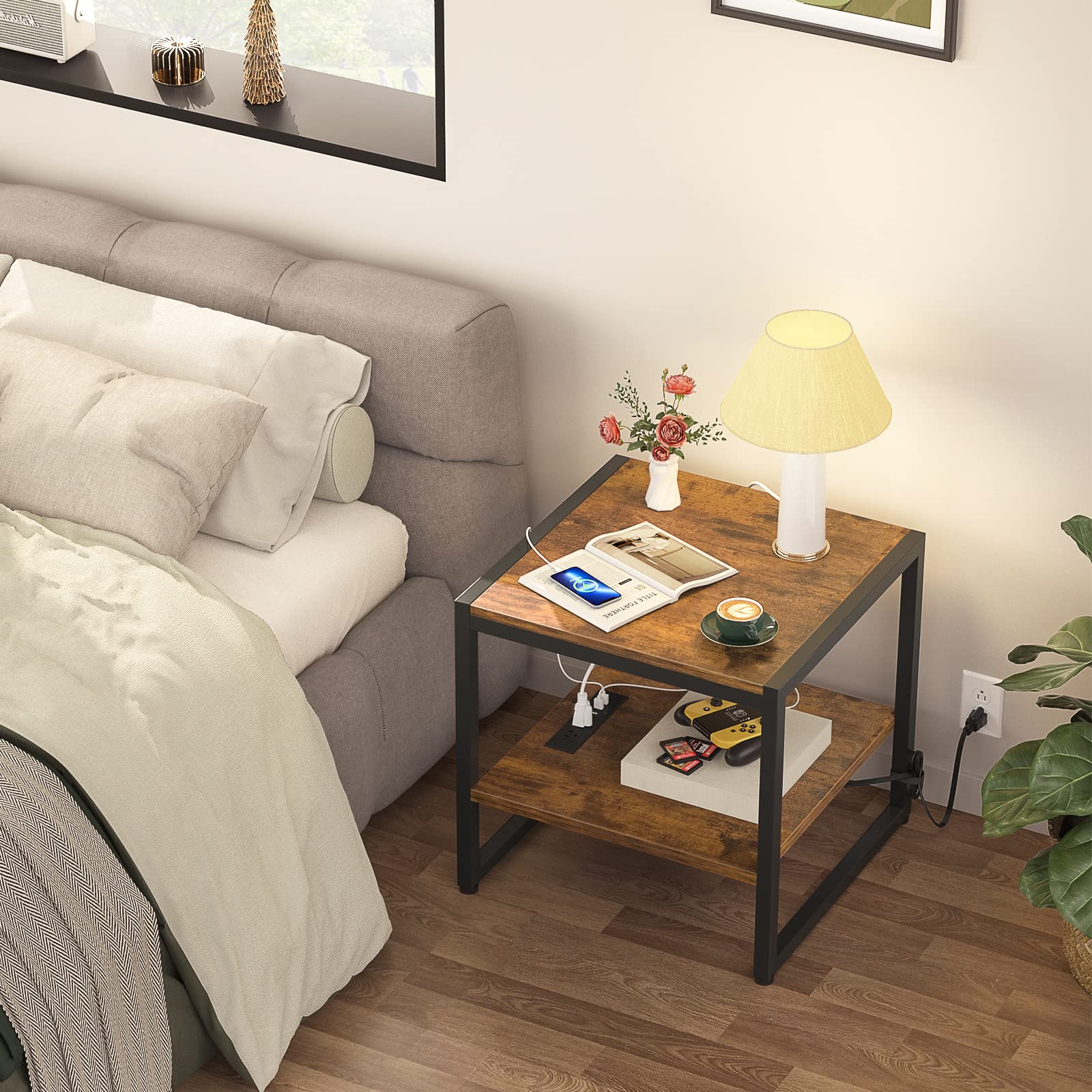 Homieasy End Table with Charging Station, 20 Inch Square Side Table with USB Ports & Power Outlets, Industrial Nightstand with 2-Tier Storage Shelf, Mini Fridge Stand for Small Spaces, Rustic Brown