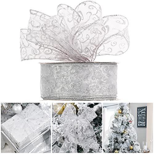 AIMUDI Silver Sheer Organza Christmas Ribbon, 2.5 Inch x 50 Yards, Swirl Pattern, Wired Edge, Perfect for Wreaths, Trees, Gifts, Weddings