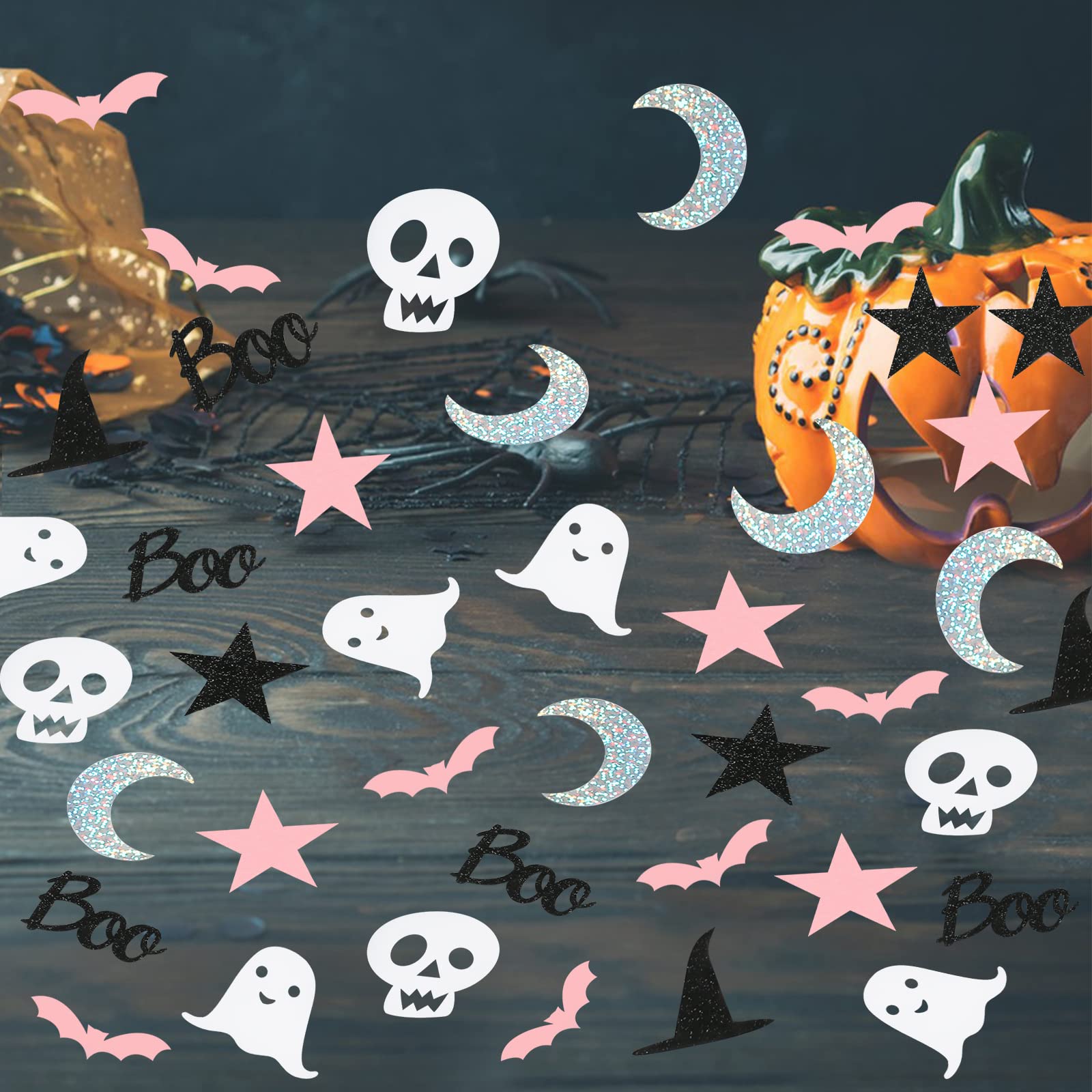 Pink Black Bat and Ghost Confetti Halloween Table Confetti Halloween Star Moon Skull Hat Table Confetti for Pink Halloween Baby Shower Birthday Table Decorations