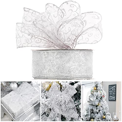 AIMUDI Silver Sheer Organza Christmas Ribbon, 2.5 Inch x 50 Yards, Swirl Pattern, Wired Edge, Perfect for Wreaths, Trees, Gifts, Weddings