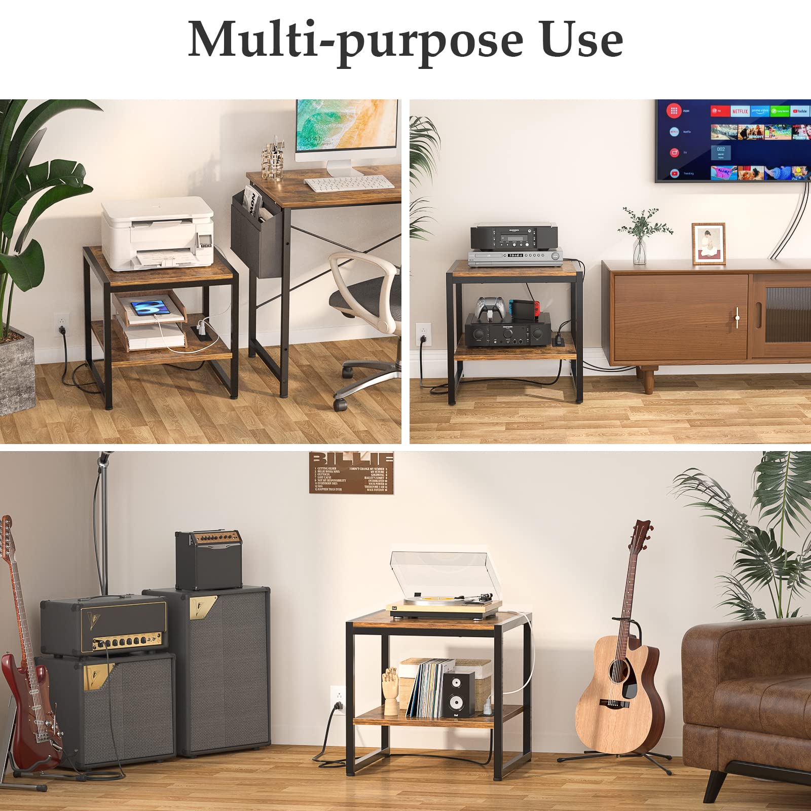 Homieasy End Table with Charging Station, 20 Inch Square Side Table with USB Ports & Power Outlets, Industrial Nightstand with 2-Tier Storage Shelf, Mini Fridge Stand for Small Spaces, Rustic Brown