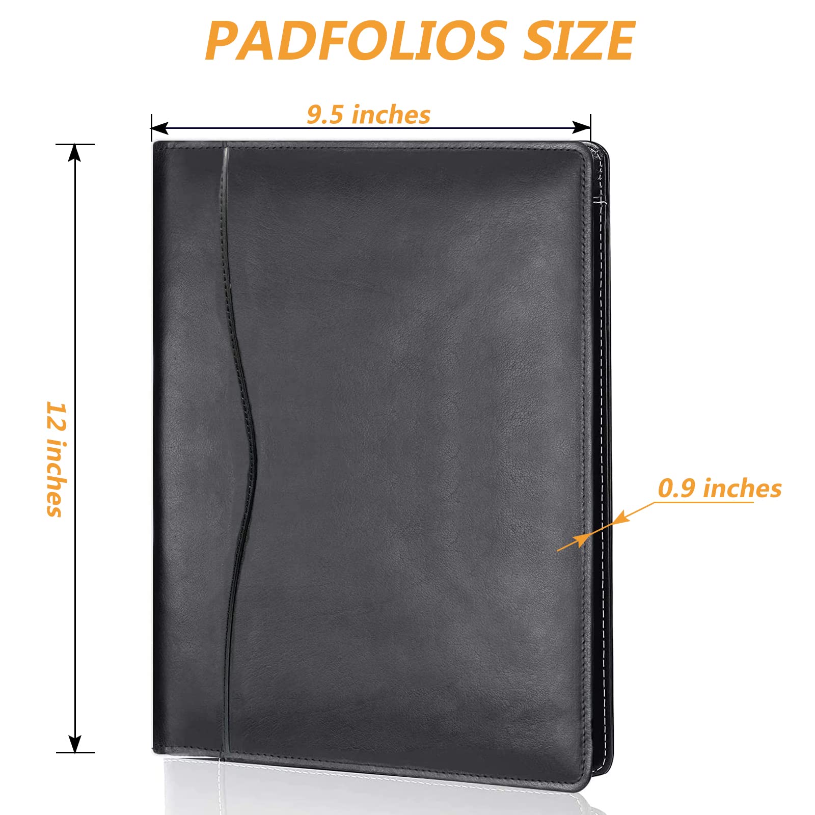 Leather Portfolio Folder Padfolio, Business Padfolio Organizer Document Planner Portfolio Binder Storage Pocket for Legal Pad Holder Paperwork Phone Men Women (Black)