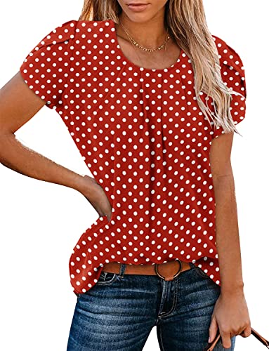 Women's Casual Round Neck Basic Pleated Business Tops Cap Sleeve Curved Keyhole Back Chiffon Blouse Red Polka Dots Small
