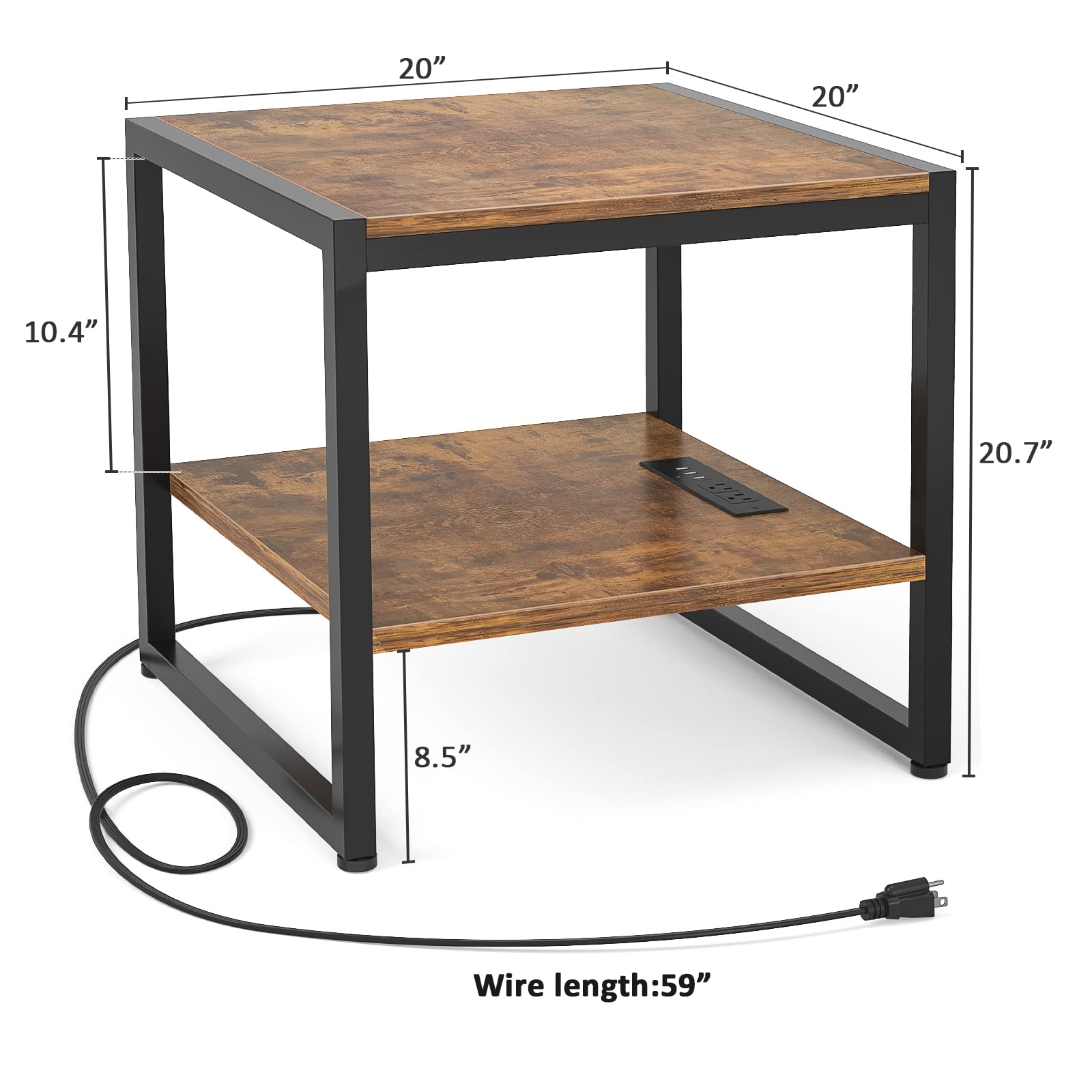 Homieasy End Table with Charging Station, 20 Inch Square Side Table with USB Ports & Power Outlets, Industrial Nightstand with 2-Tier Storage Shelf, Mini Fridge Stand for Small Spaces, Rustic Brown