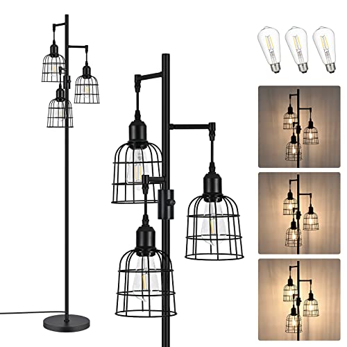 EDISHINE Dimmable Floor Lamp, 3 LED Edison Bulb Included, Industrial Tree Floor Lamp Sturdy Base, Tall Standing Lamp for Living Room, Bedroom, with 3 Elegant Teardrop Cage Head Minimalist Vintage