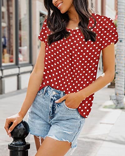 Women's Casual Round Neck Basic Pleated Business Tops Cap Sleeve Curved Keyhole Back Chiffon Blouse Red Polka Dots Small