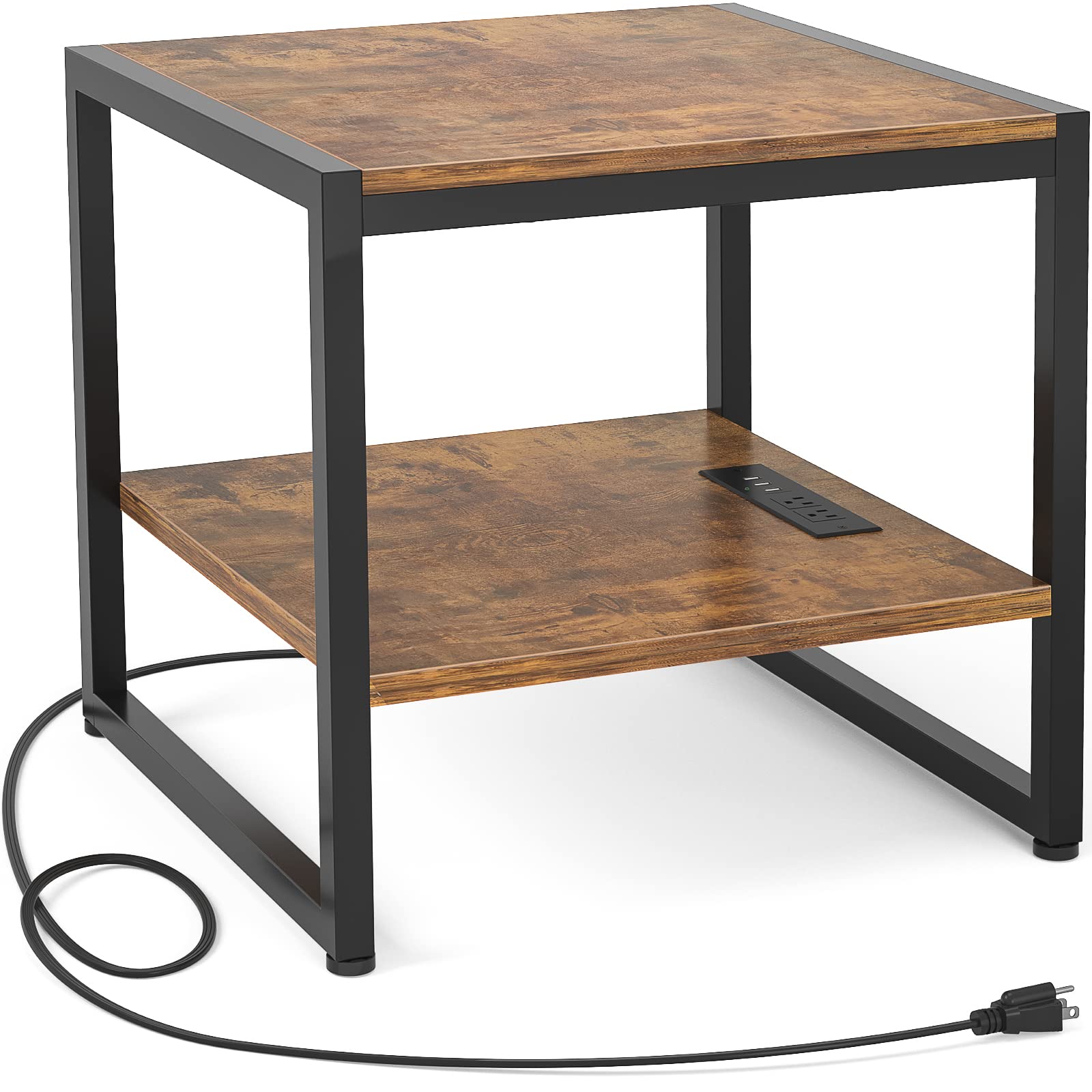 Homieasy End Table with Charging Station, 20 Inch Square Side Table with USB Ports & Power Outlets, Industrial Nightstand with 2-Tier Storage Shelf, Mini Fridge Stand for Small Spaces, Rustic Brown