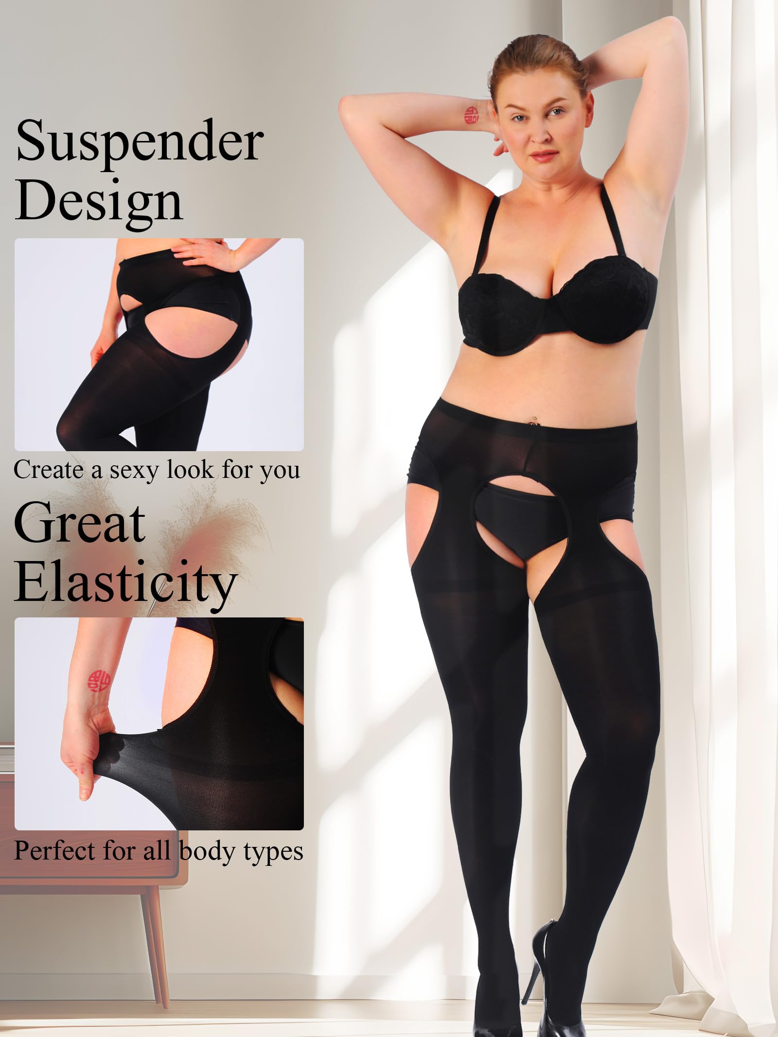 HONENNA Plus Size Suspender Tights for Women, Semi Opaque Sexy Garter Belt Nylons Mock Thigh High stockings, 1 Pair Black M-L