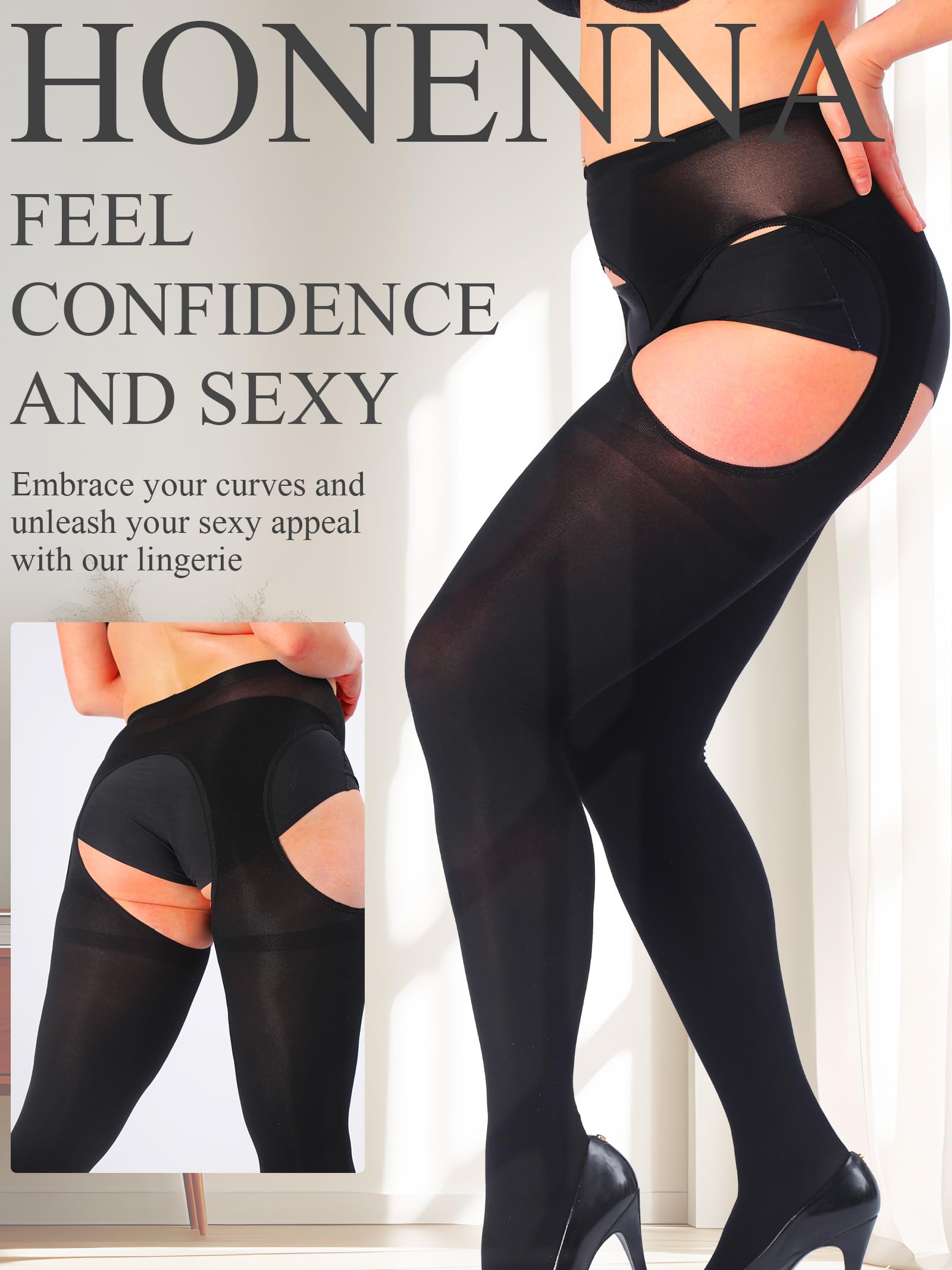 HONENNA Plus Size Suspender Tights for Women, Semi Opaque Sexy Garter Belt Nylons Mock Thigh High stockings, 1 Pair Black M-L
