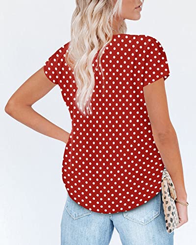 Women's Casual Round Neck Basic Pleated Business Tops Cap Sleeve Curved Keyhole Back Chiffon Blouse Red Polka Dots Small