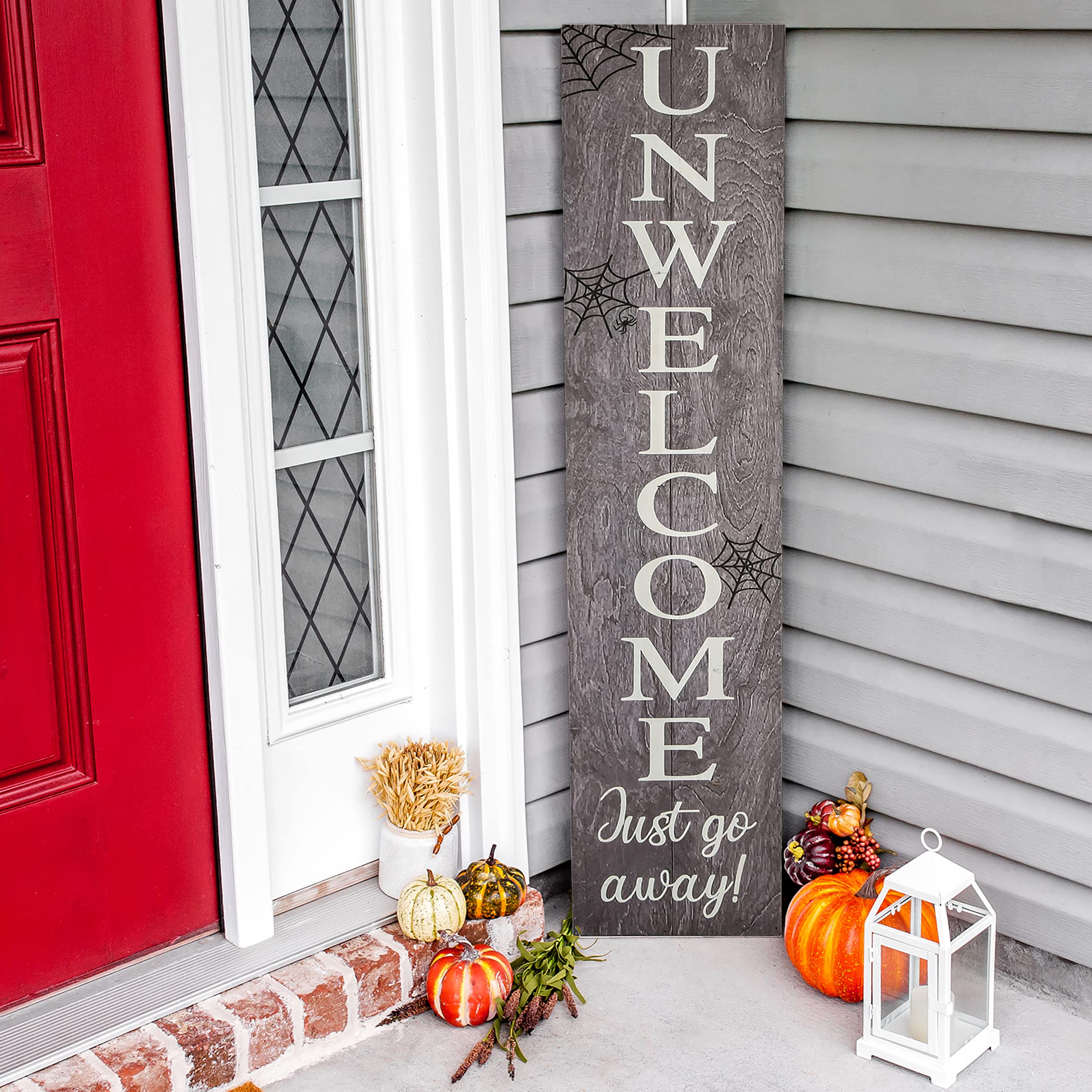 National Tree Company Hanging Porch Sign, Black, 'Unwelcome, Just Go Away', Wooden Construction, Halloween Collection, 39 Inches