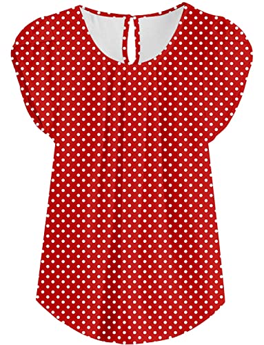 Women's Casual Round Neck Basic Pleated Business Tops Cap Sleeve Curved Keyhole Back Chiffon Blouse Red Polka Dots Small