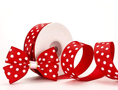 ATRibbons 25 Yards 1 Inch Wide Dot Printed Grosgrain Ribbons,Color Grosgrain Ribbons with White Dots for Hair Bows Gift Wrapping and Craft (Red)