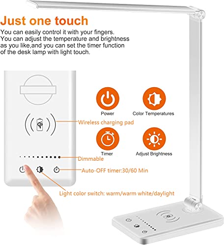 LED Desk Lamp, Wireless Charger, Dimmable, USB Charging Port,5 Modes, Reading Light for Home, Office , Touch Control, Auto-Off Timer Lamps (Silver 2.0)