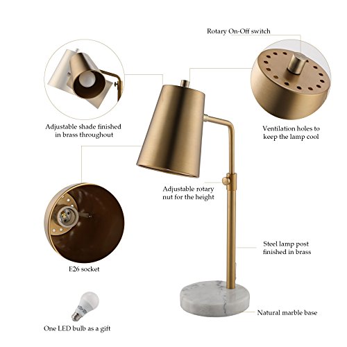 VONLUCE Gold Desk Lamp with LED Bulb Adjustable, Antique Brass Metal Table Lamp Marble Base, Mid Century Modern Reading Lamp Office, 20" Industrial Task Lamp Work Lamp for Reading Bedroom