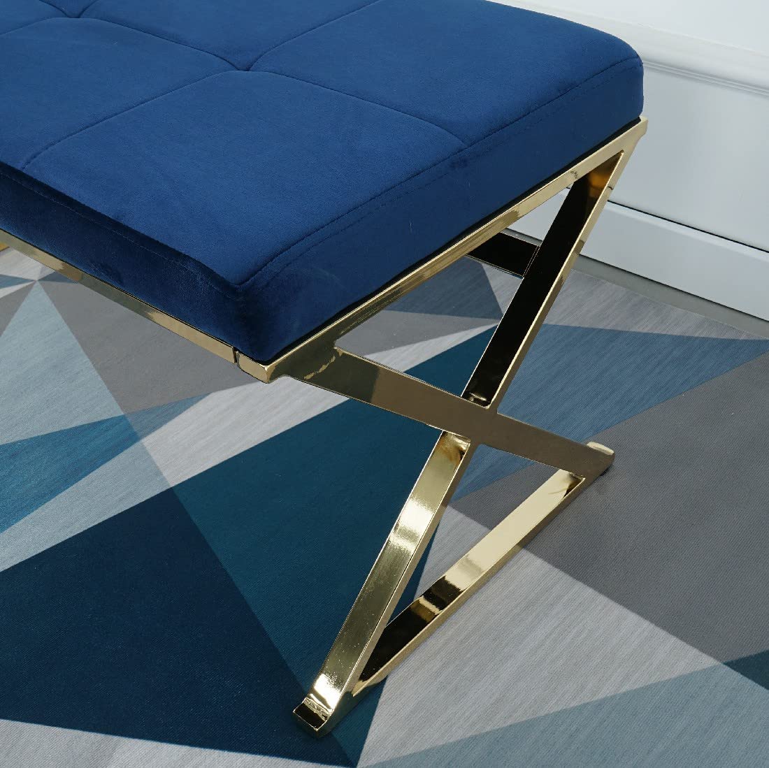 RIDI LEEOKI Modern Dining Room Living Room Green Bench with Stainless Steel and Velvet ottaman(Set of 1) (Blue)