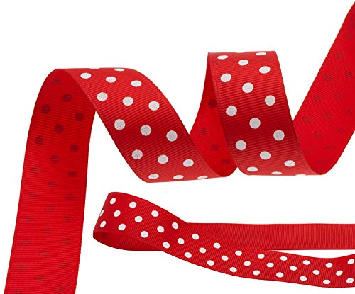 ATRibbons 25 Yards 1 Inch Wide Dot Printed Grosgrain Ribbons,Color Grosgrain Ribbons with White Dots for Hair Bows Gift Wrapping and Craft (Red)