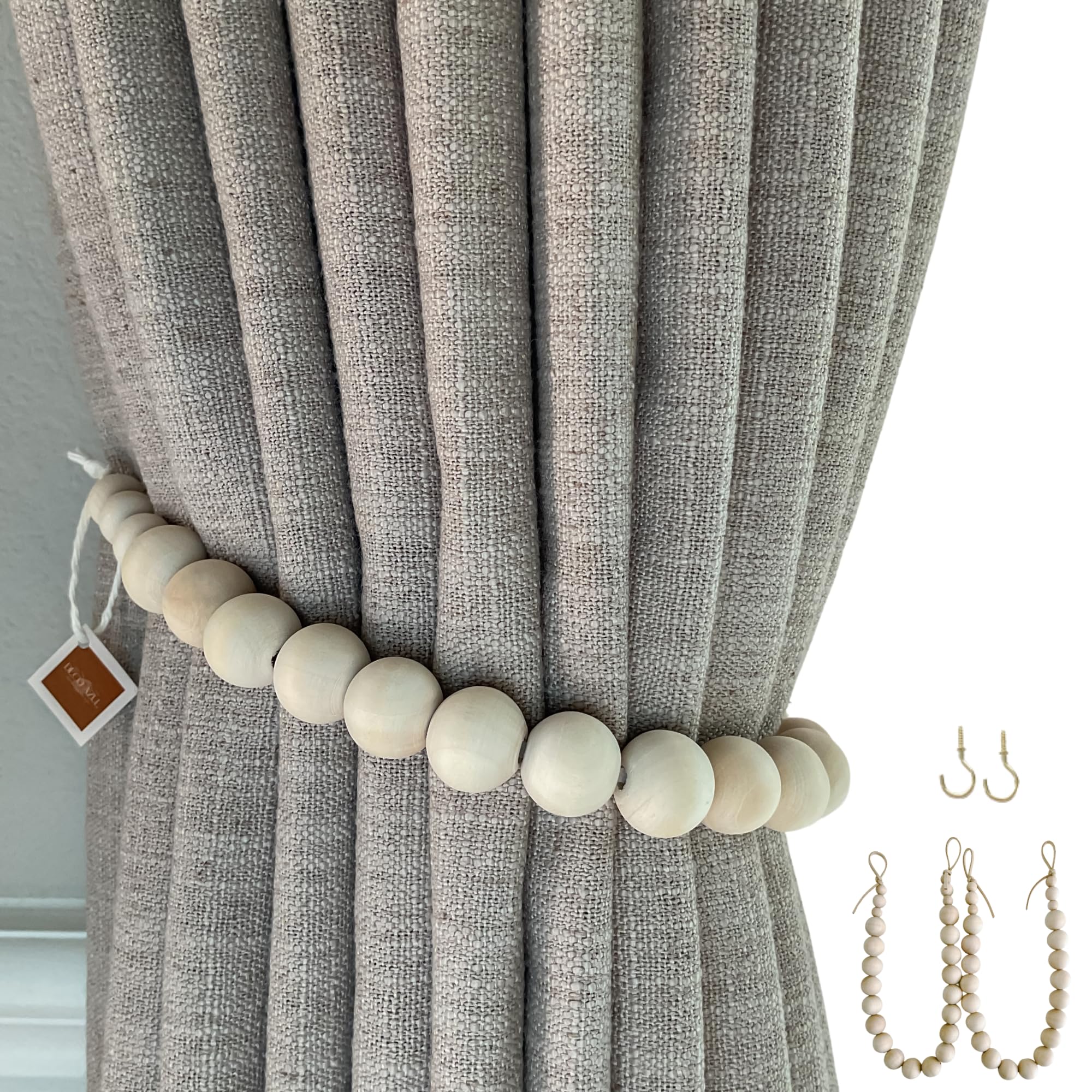 Deco Azul Curtain tiebacks - Curtain Hooks for Drapes - Boho Curtain tie Backs - Natural Wood Bead Curtain Ties - Curtain Holdbacks - Drappery Tiebacks - Curtain Holders - Set of 2