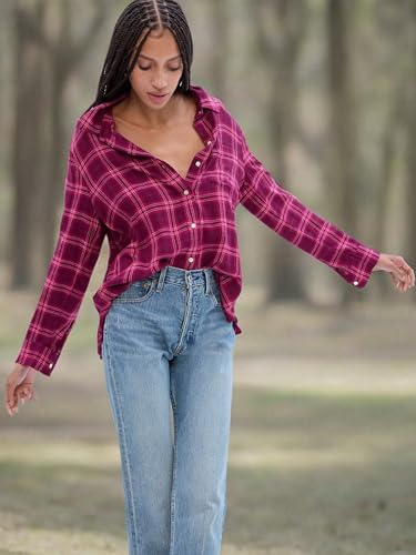 GAP Womens Drapey Flannel Button Down Shirt, Pink Plaid, Medium US