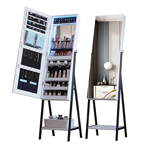 Ylued LEDs Mirror Jewelry Cabinet, Jewelry Armoire Organizer with Full-Length Mirror, Standing Mirror With Jewelry Storage, Lockable Storage Organizer, Built-in Lighted Mirror, 3 Storage Shelves